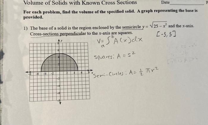 Solved Volume of Solids with Known Cross Sections Date For | Chegg.com