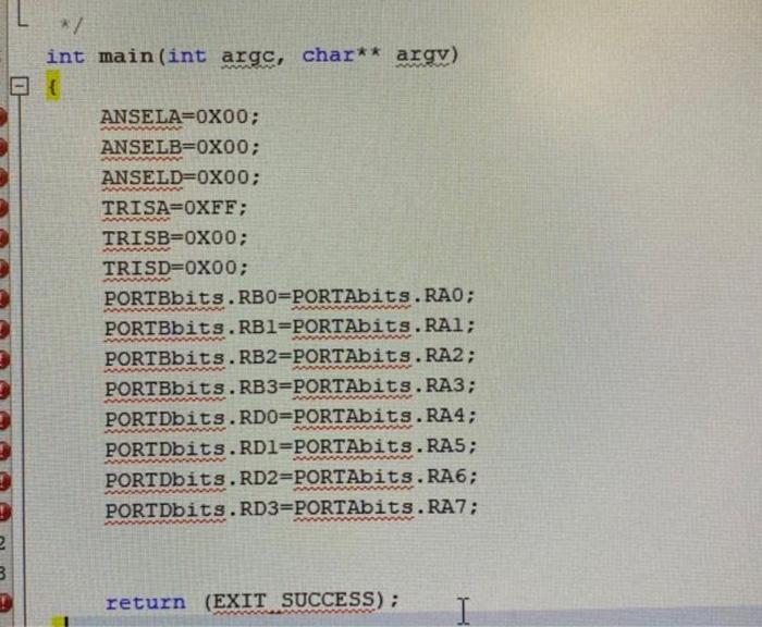 Solved int main(int argc, char** argv) 1 ANSELA =0×00 ANSEIB | Chegg.com