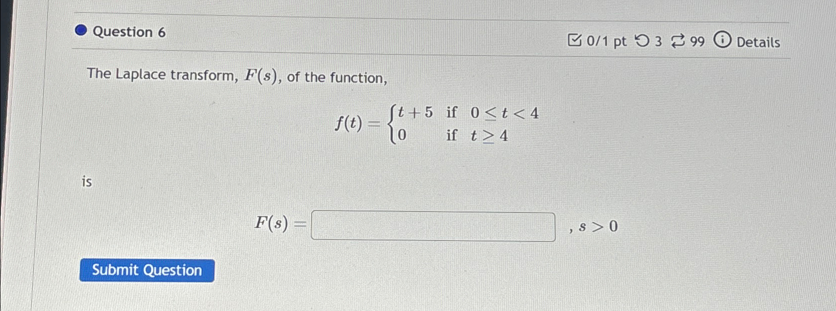 Solved Question 601 ﻿pt sup3⇆99DetailsThe Laplace transform, | Chegg.com