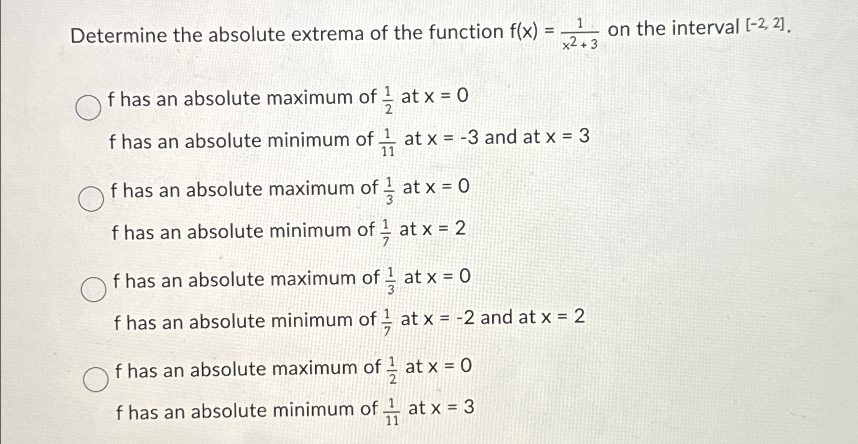Solved Determine the absolute extrema of the function | Chegg.com
