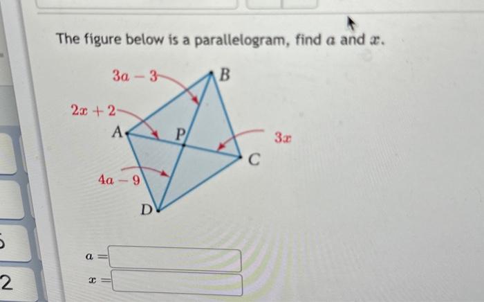 Solved The figure below is a parallelogram, find a and x. | Chegg.com