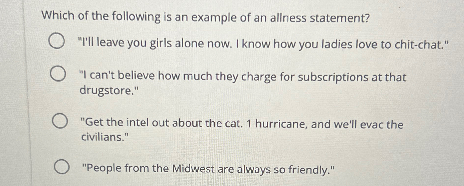 Solved Which of the following is an example of an allness | Chegg.com