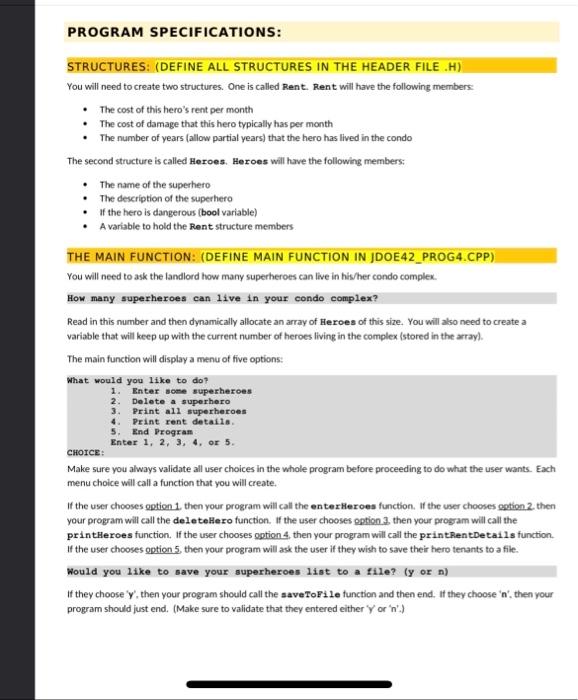 Solved PROGRAM SPECIFICATIONS: STRUCTURES: (DEFINE ALL | Chegg.com