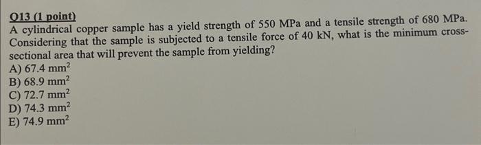 Solved Q13 (1 point) A cylindrical copper sample has a yield | Chegg.com