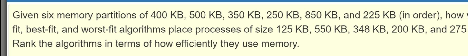 Solved Given six memory partitions of 400 KB, 500 KB, 350 | Chegg.com