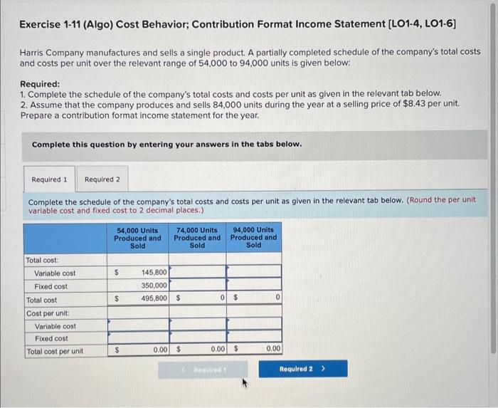 Solved Exercise 1-11 (Algo) Cost Behavior; Contribution | Chegg.com