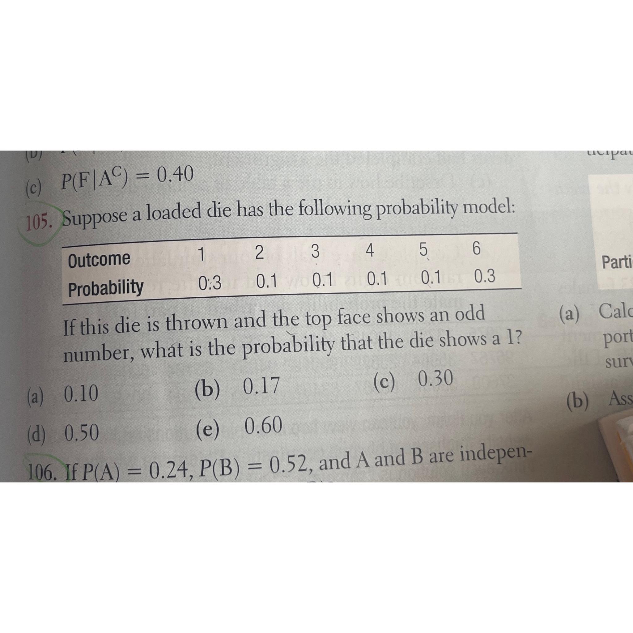 Solved 105. ﻿Suppose a loaded die has the following | Chegg.com