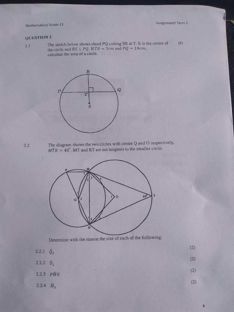 Solved QUESTION 2 2.1 The sketch below shows chord PQ | Chegg.com