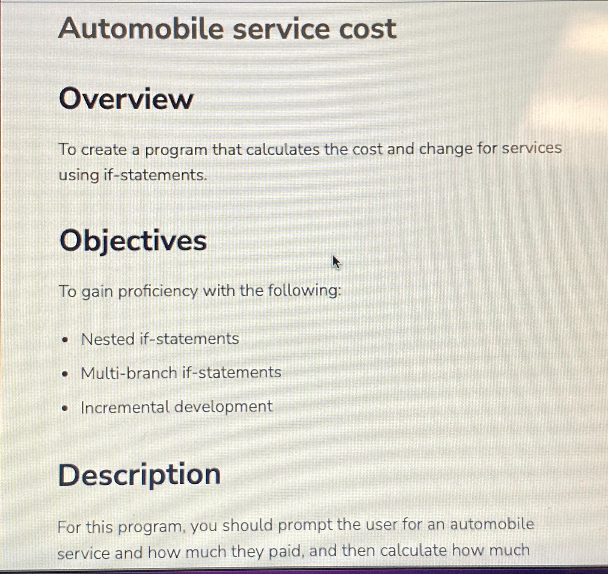 Solved Automobile service costOverviewTo create a program | Chegg.com