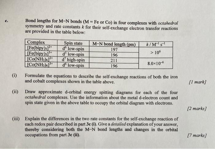 Solved c. Bond lengths for M−N bonds (M=Fe or Co) in four | Chegg.com
