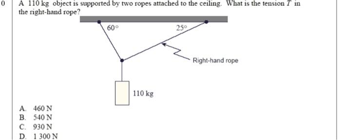 Solved 0 A 110 kg object is supported by two ropes attached | Chegg.com