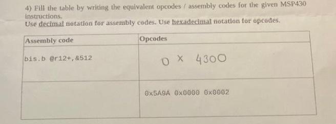 Solved 4) Fill the table by writing the equivalent opcodes / | Chegg.com