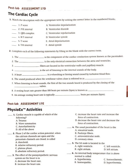 Solved Post-lab ASSESSMENT 17D The Cardiac Cycle 1. Match | Chegg.com