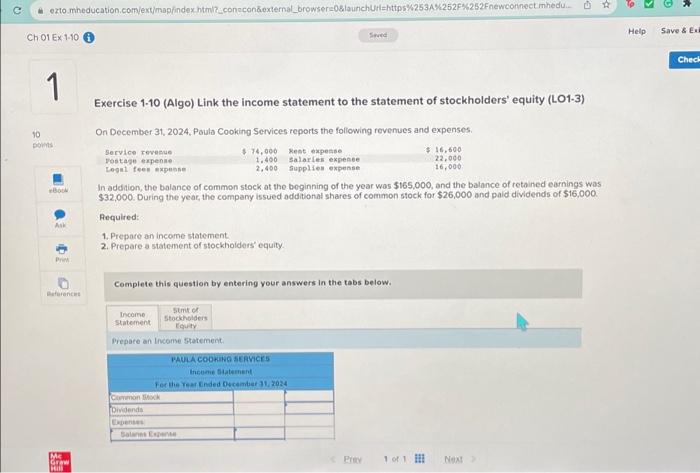 Solved Exercise 1-10 (Algo) Link the income statement to the | Chegg.com