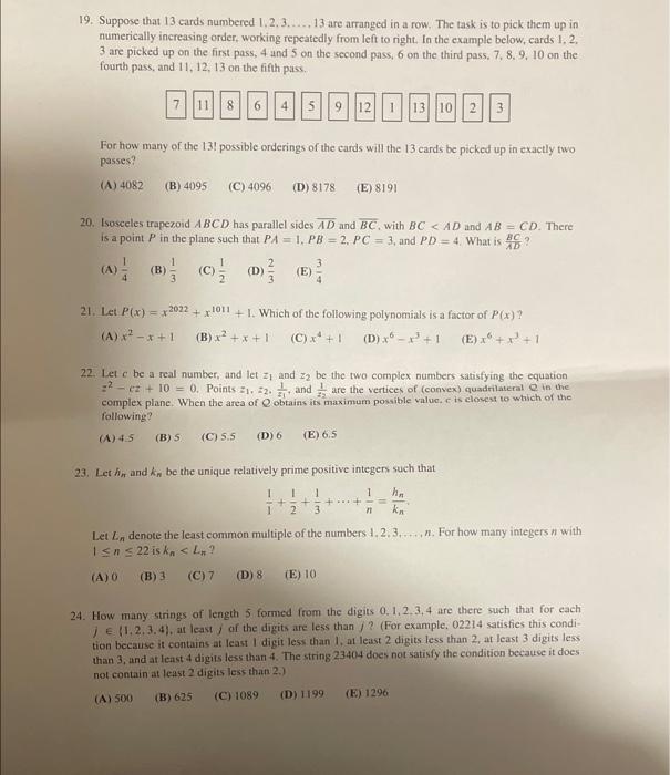 Solved 19. Suppose that 13 cards numbered 1,2,3,…,13 are | Chegg.com