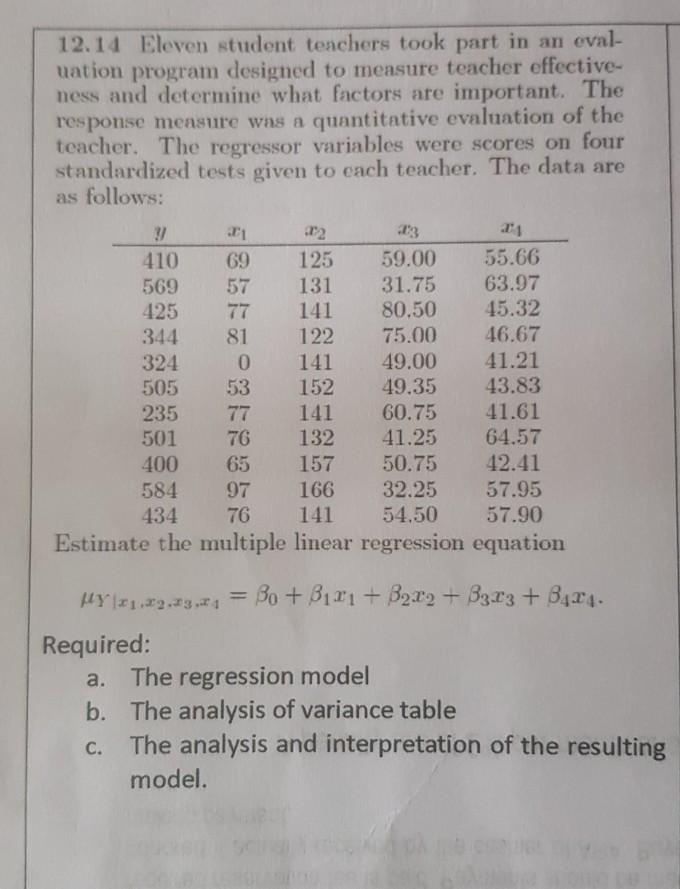 Solved a. Regression Model b. analysis of variance table c. | Chegg.com