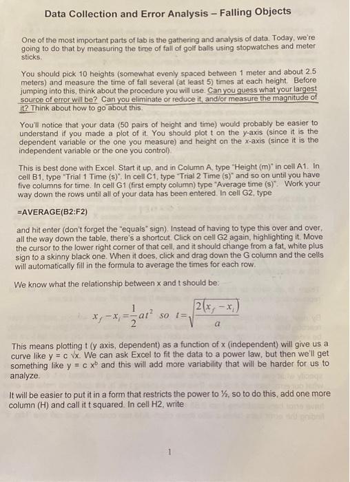 Solved Data Collection and Error Analysis - Falling Objects | Chegg.com