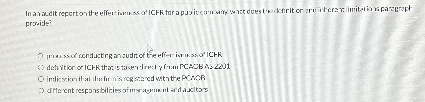 Solved In an audit report on the effectiveness of ICFR for a | Chegg.com