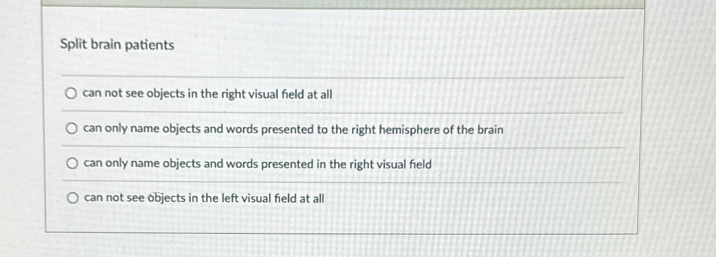 Solved Split brain patientscan not see objects in the right | Chegg.com