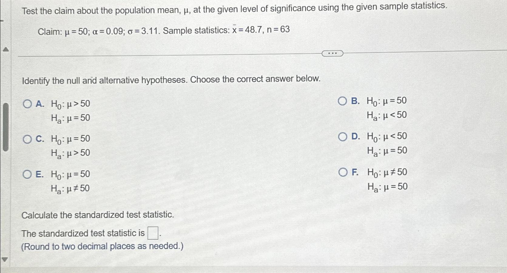 Test the claim about the population mean, \\\\mu , at | Chegg.com