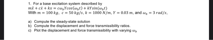 Solved 1. For a base excitation system described by mi + cx | Chegg.com