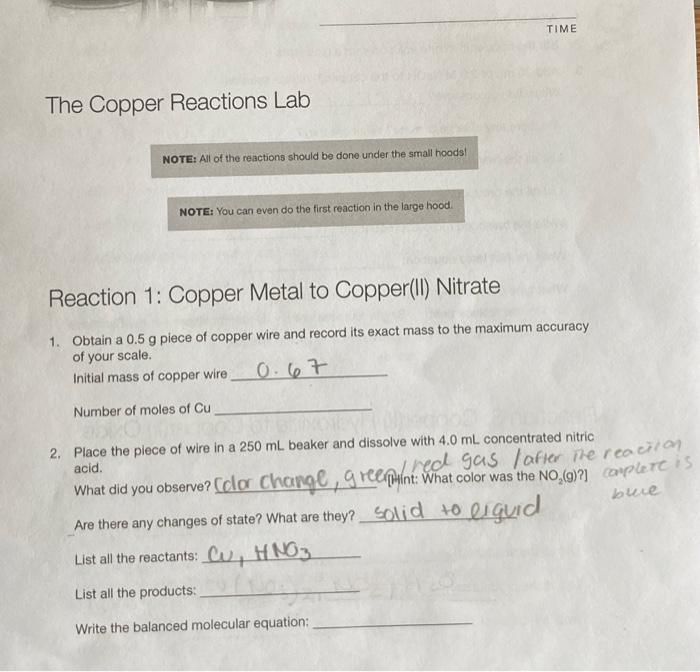 Solved TIME The Copper Reactions Lab NOTE: All of the | Chegg.com