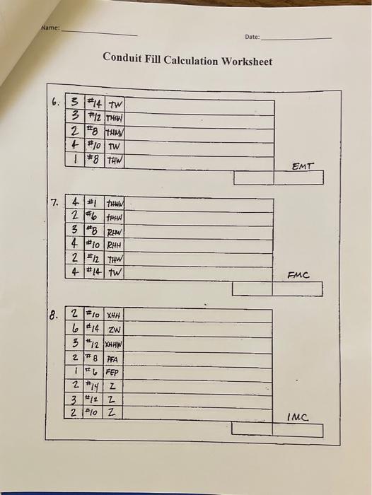 Name De Conduit Fill Calculation Worksheet 6 "14 TW | Chegg.com