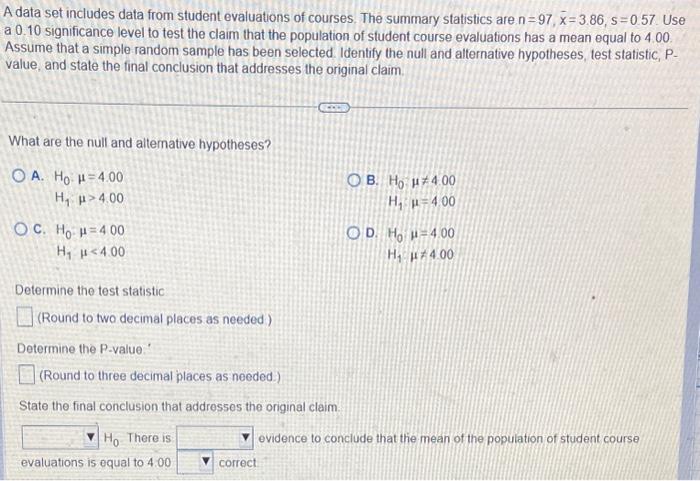 Solved A data set includes data from student evaluations of | Chegg.com