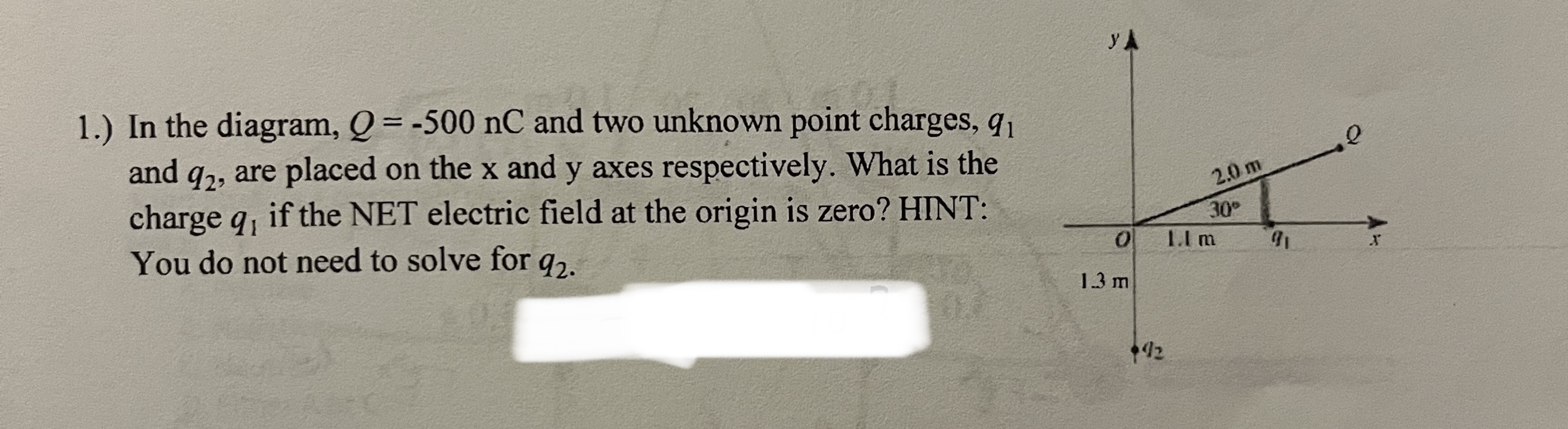 Solved 1.) ﻿In the diagram, Q=-500nC ﻿and two unknown point | Chegg.com
