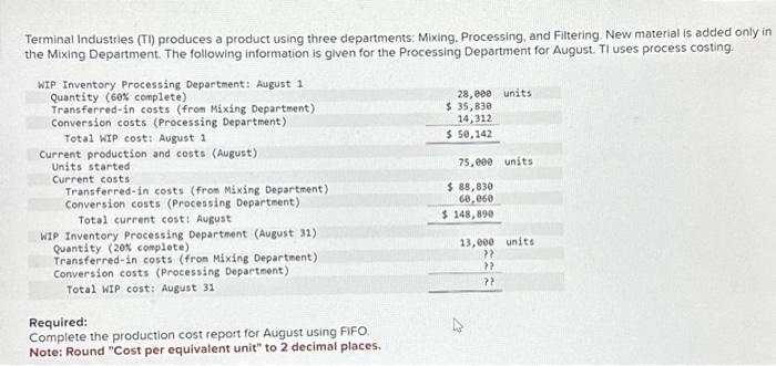 Solved Terminal Industries (TI) produces a product using | Chegg.com