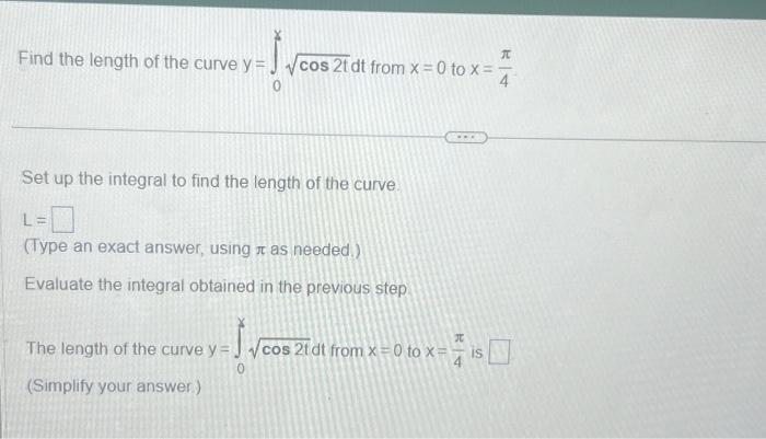 Solved Find the length of the curve y = J 0 T cos 2t dt from | Chegg.com