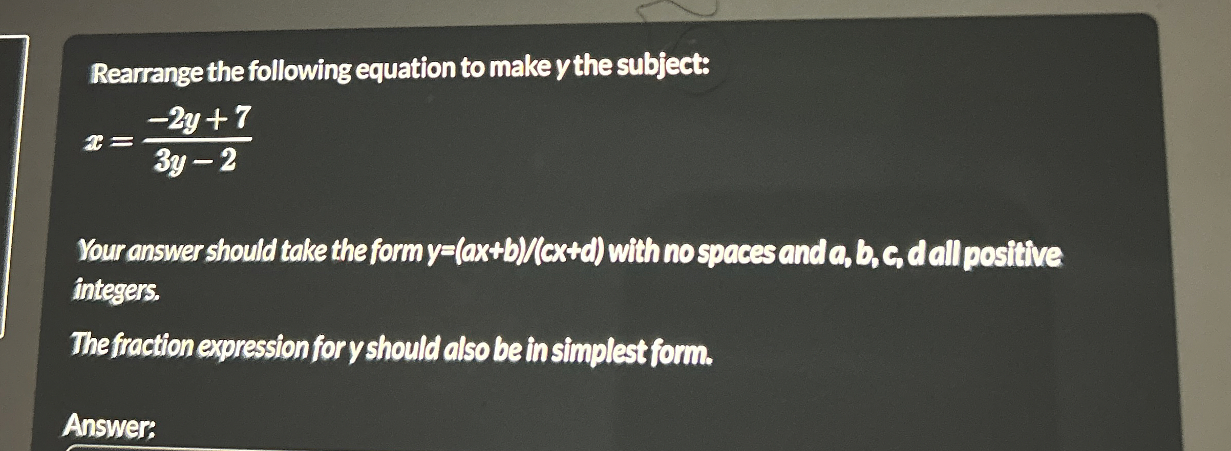 Solved Rearrange the following equation to make y ﻿the | Chegg.com