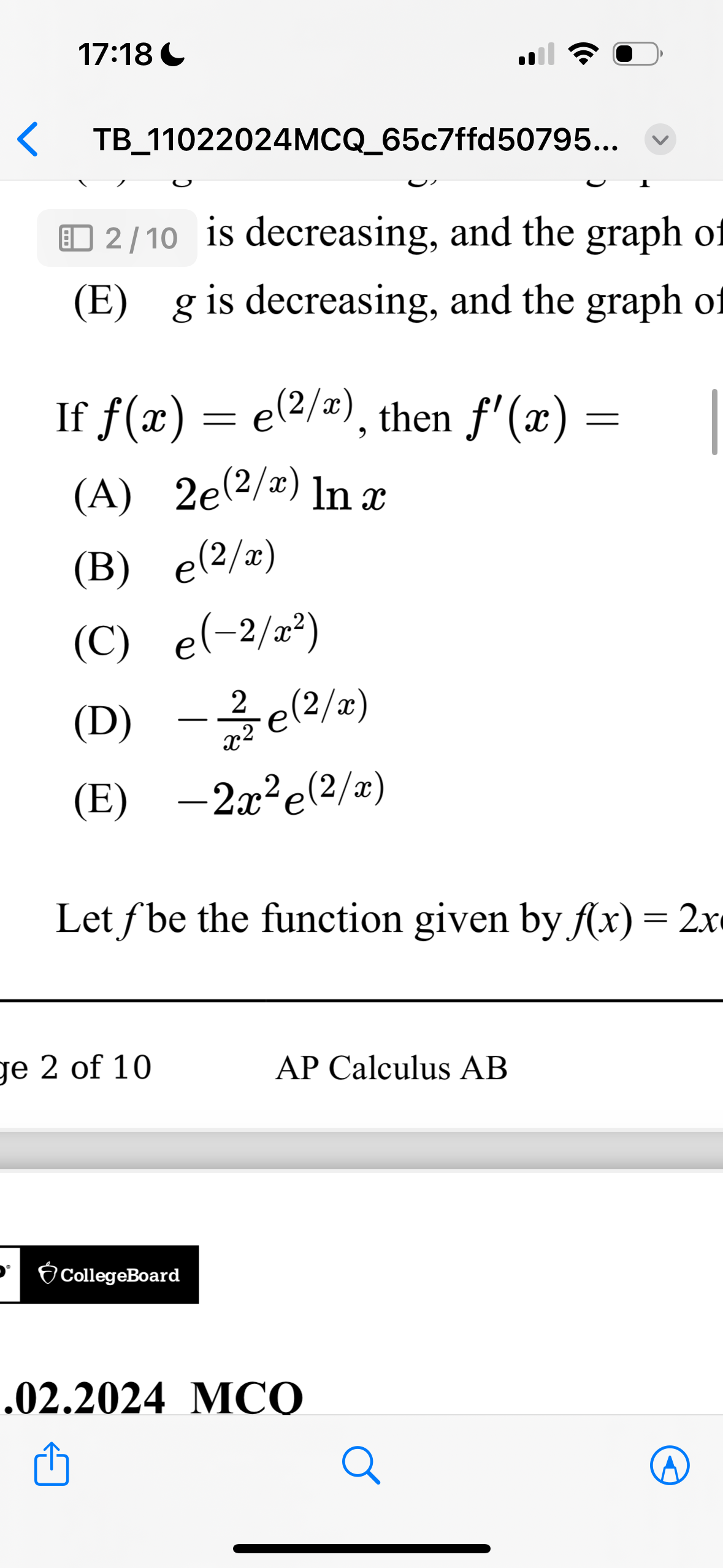 Solved (E) g ﻿is decreasing, and the graph oIf f(x)=e(2x), | Chegg.com