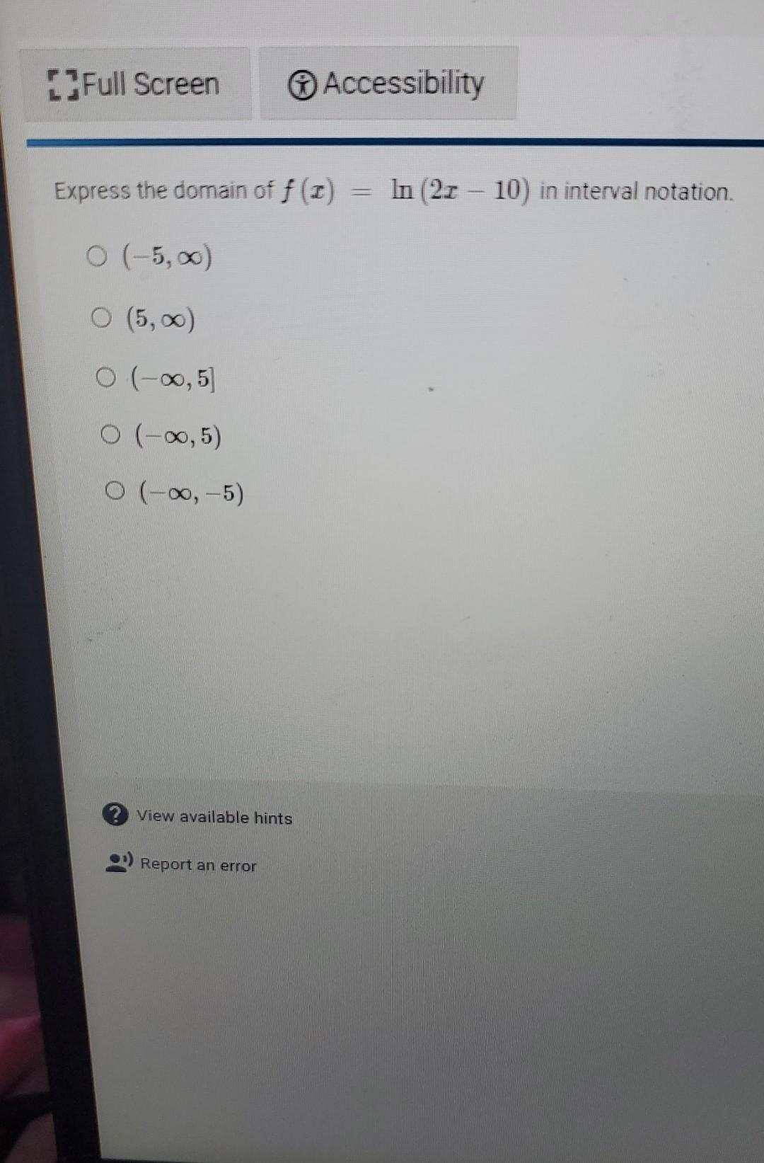 Solved Express the domain of f(x)=ln(2x−10) in interval | Chegg.com