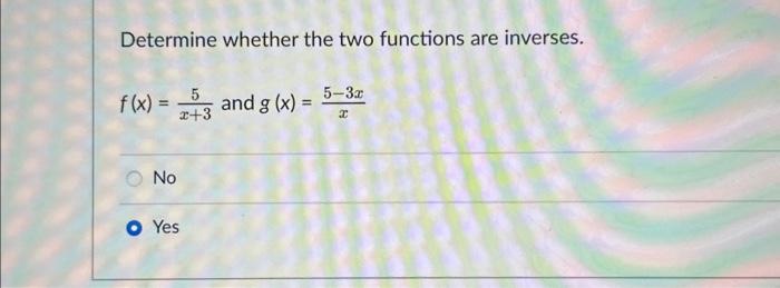 Solved Determine whether the two functions are inverses. | Chegg.com