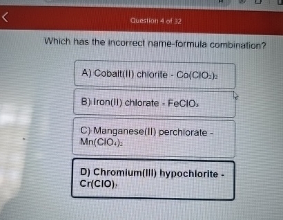 Question 4 ﻿of 32Which has the incorrect name-formula | Chegg.com