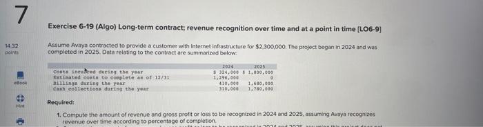 Solved Exercise 6-19 (Algo) Long-term contract; revenue | Chegg.com