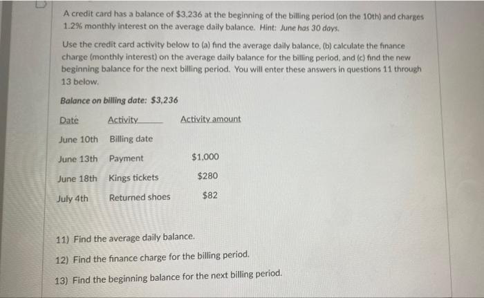 Solved 11. find average daily balance in dollars and cents | Chegg.com