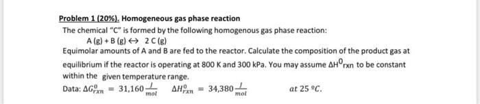 Solved Problem 1 (20%). Homogeneous gas phase reaction The | Chegg.com