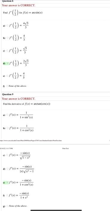Solved Find f′(21) for f(x)=arcsin(x) a) ff(21)=343 b) | Chegg.com