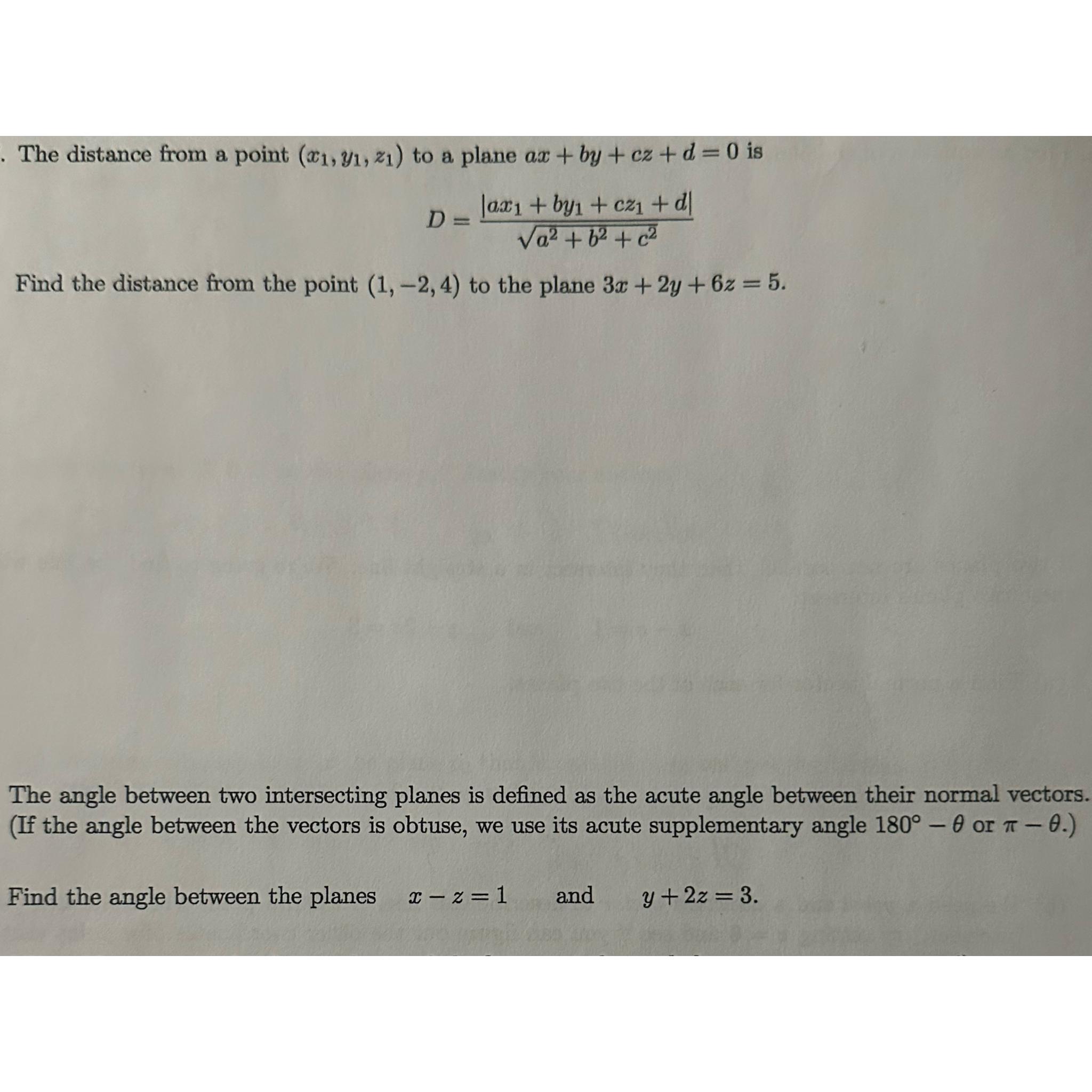 Solved The distance from a point (x1,y1,z1) ﻿to a plane | Chegg.com