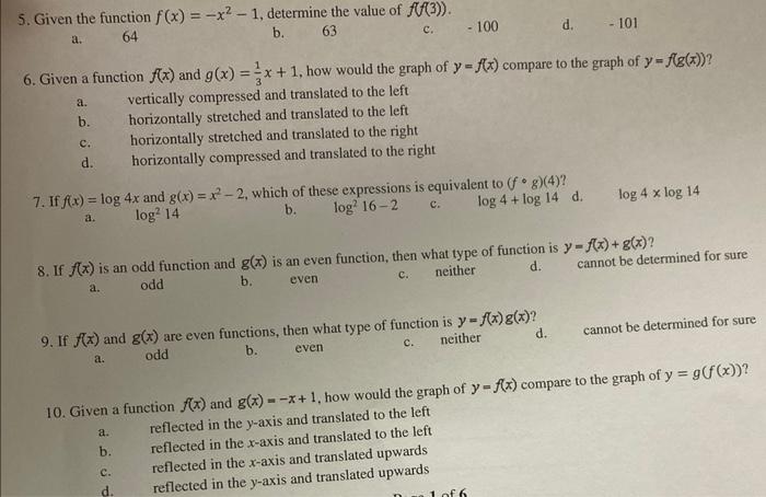 Solved 5. Given the function f(x)=−x2−1, determine the value | Chegg.com