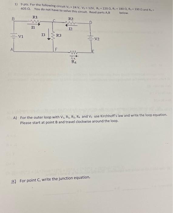 Solved 1) 9 pts. For the following circuit V1=24 V,V2=12 | Chegg.com