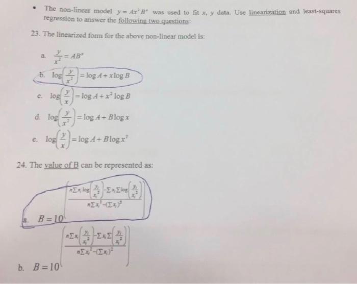 Solved The Non Linear Model Y Axb Was Used To Fit X Y