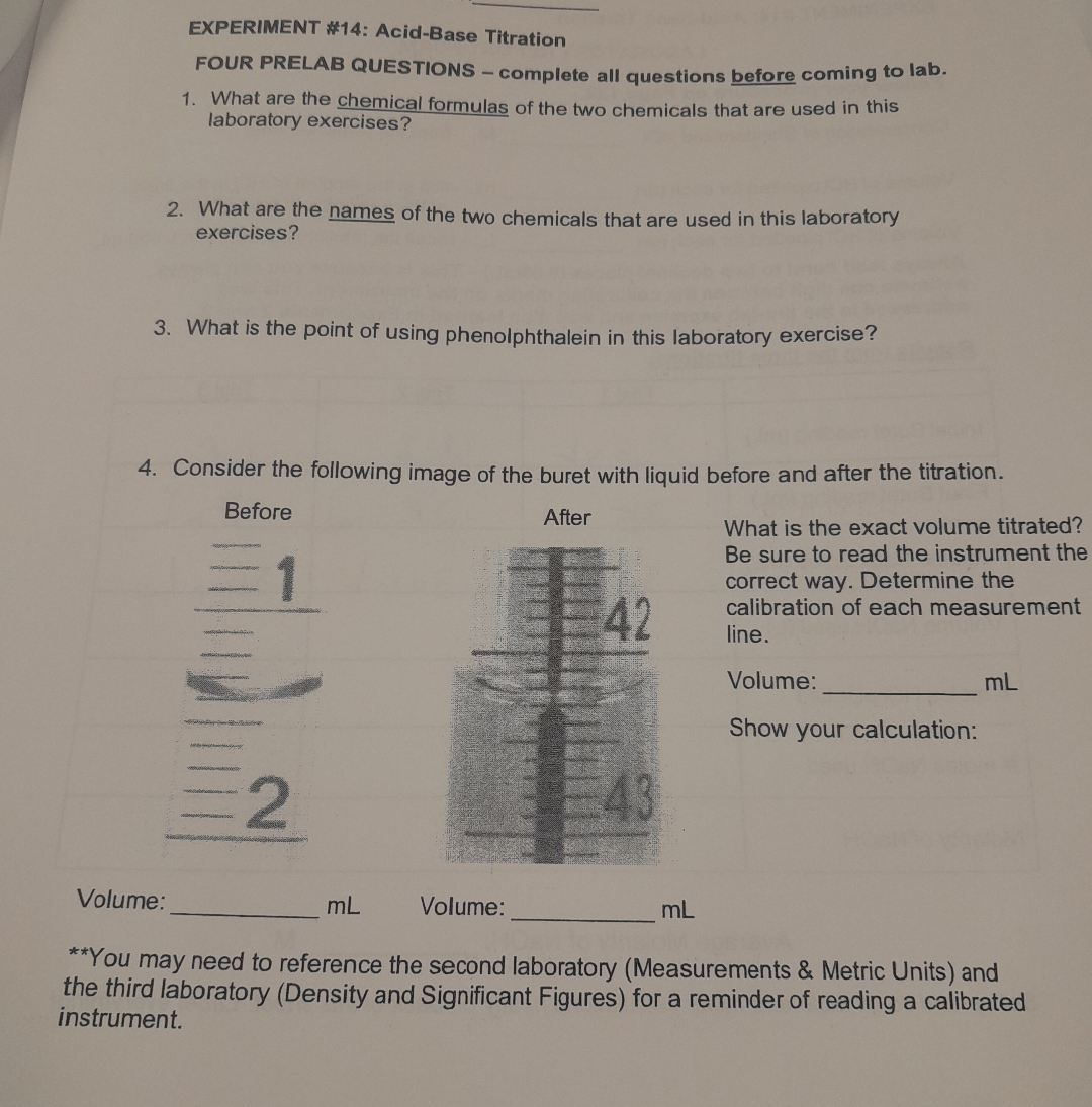 Solved EXPERIMENT #14: Acid-Base TitrationFOUR PRELAB | Chegg.com