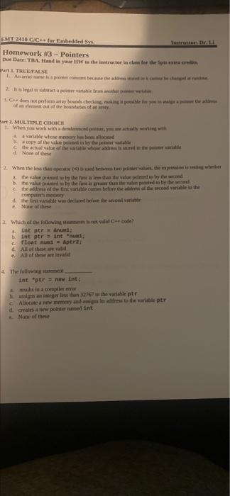 Solved EMT 2410 C/C for Embedded Sys Homework #3 - Pointers | Chegg.com