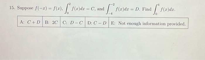 Solved 15. Suppose f(−x)=f(x),∫02f(x)dx=C, and | Chegg.com