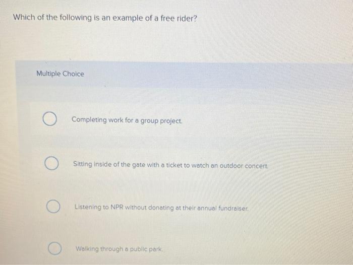 Solved Which of the following is an example of a free rider? | Chegg.com
