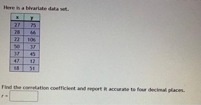Solved Here is a bivariate data set. Find the correlation | Chegg.com