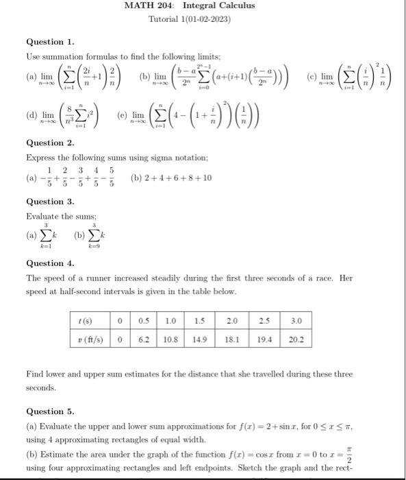 Solved MATH 204: Integral Calculus Tutorial 1(01−02−2023) | Chegg.com